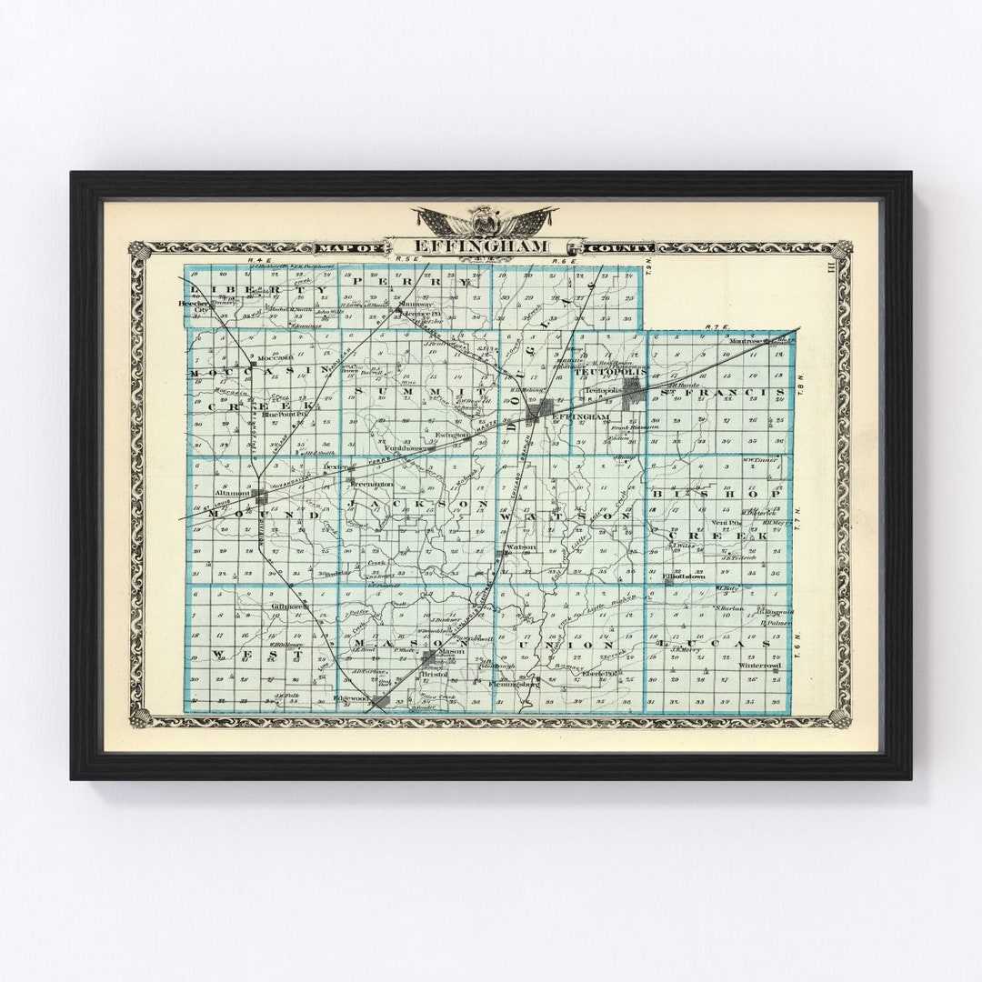 Effingham County IL Map 1876 Old Map of Effingham Illinois Art Vintage ...