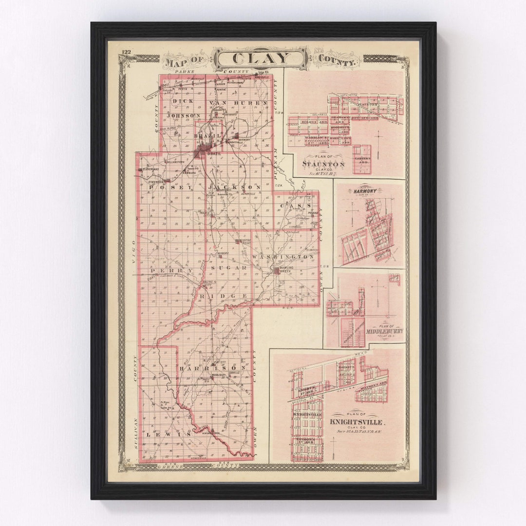 Clay County Map 1876, Vintage Clay County Map, Old Clay County Indiana ...