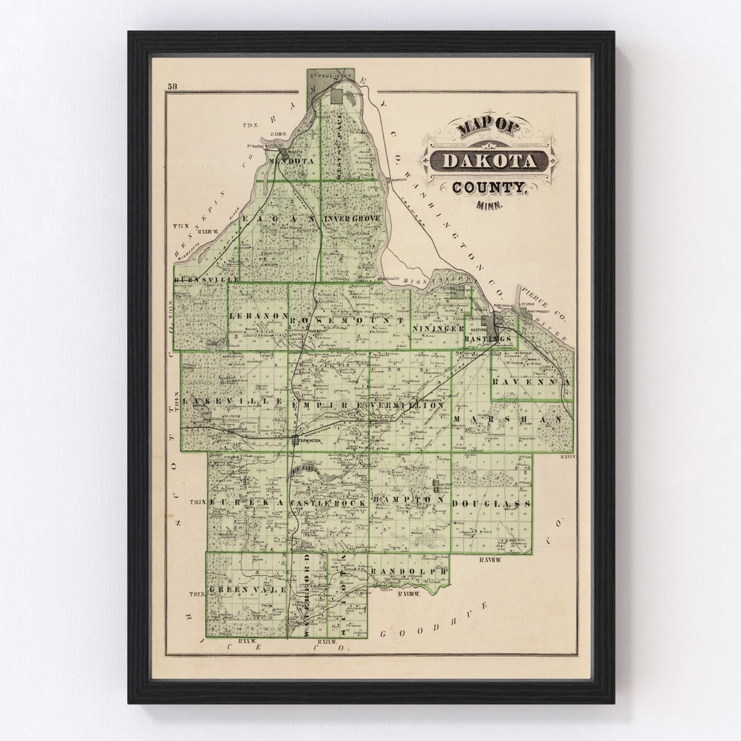 Dakota County Map 1874, Vintage Dakota County Map, Old Dakota County ...