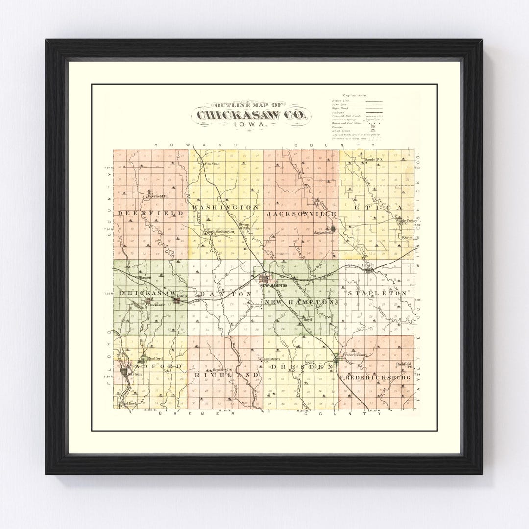 Chickasaw County Map 1892, Vintage Chickasaw County Map, Old Chickasaw ...