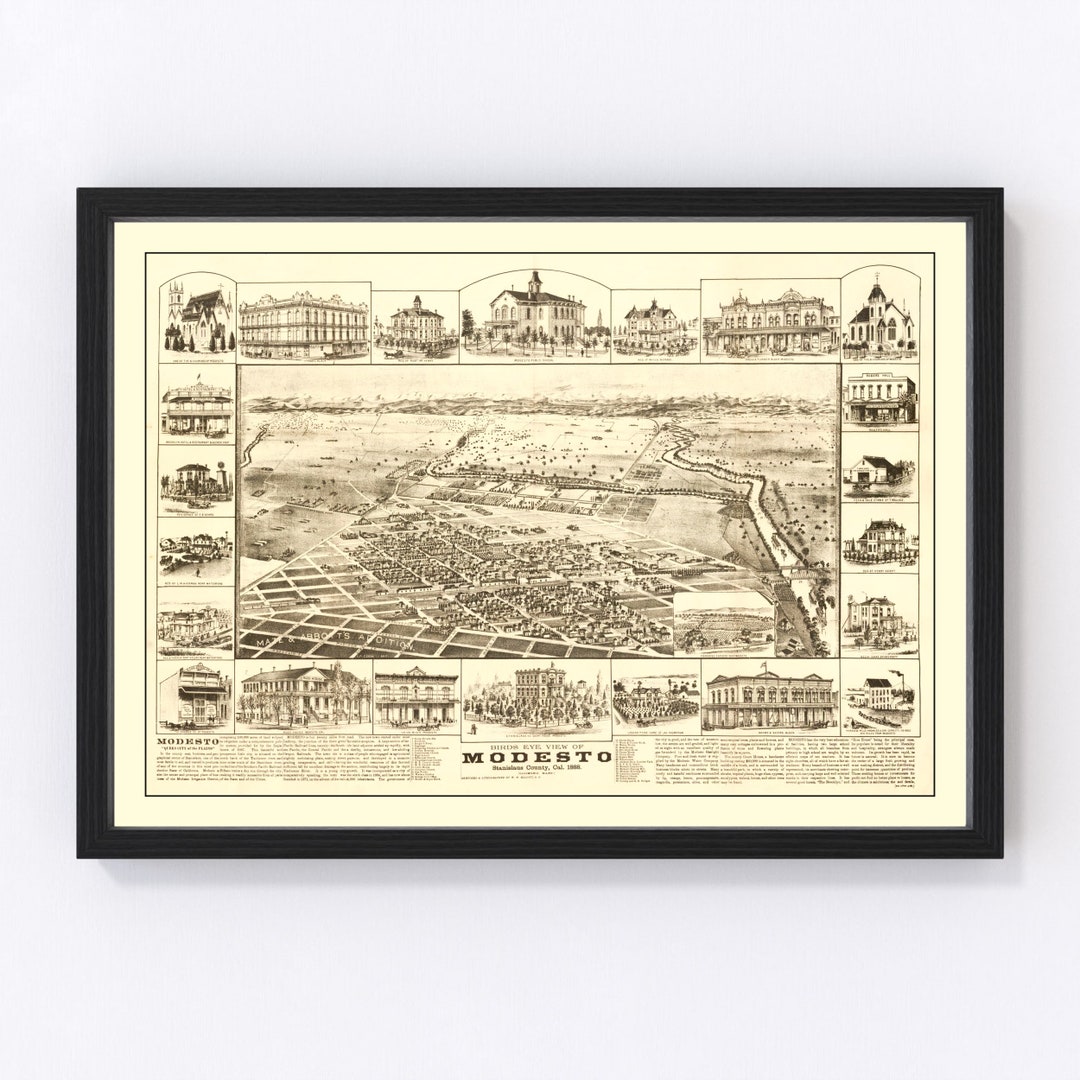 Modesto Map 1888 Old Map of Modesto California Art Vintage Print Framed ...