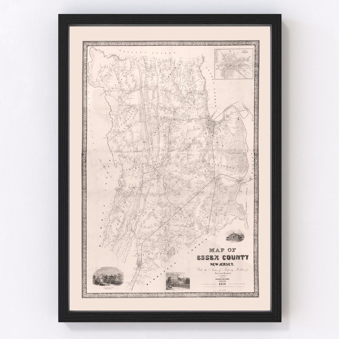 Essex County New Jersey Map 1850 Old Map of Essex County New Jersey Art ...