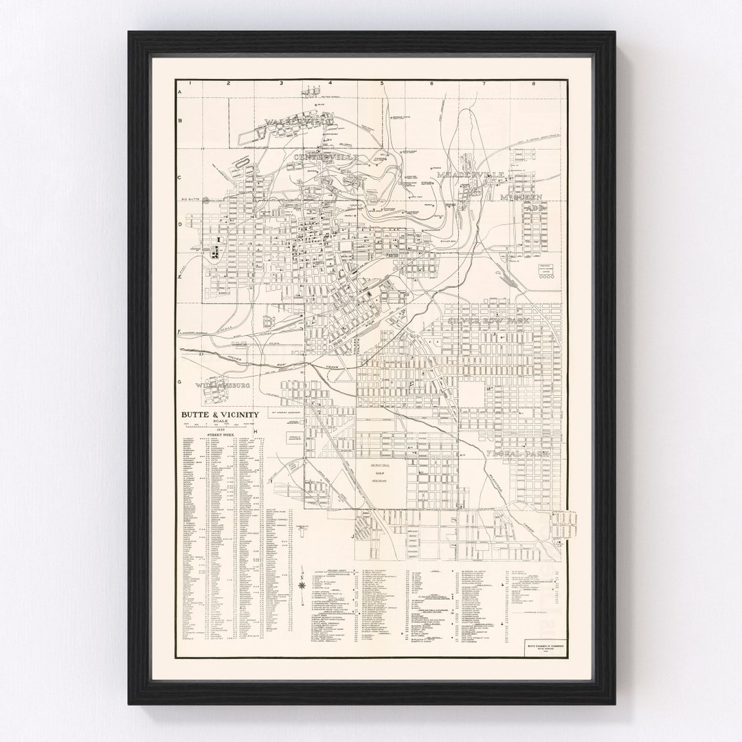 Butte Map 1939 - Old Map of Butte Montana Art Vintage Print Framed ...