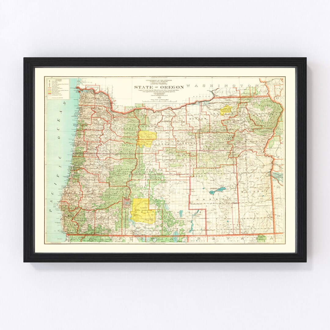 Oregon Map 1922, Vintage Oregon Map, Old Oregon Art, Wall Art Gift for ...