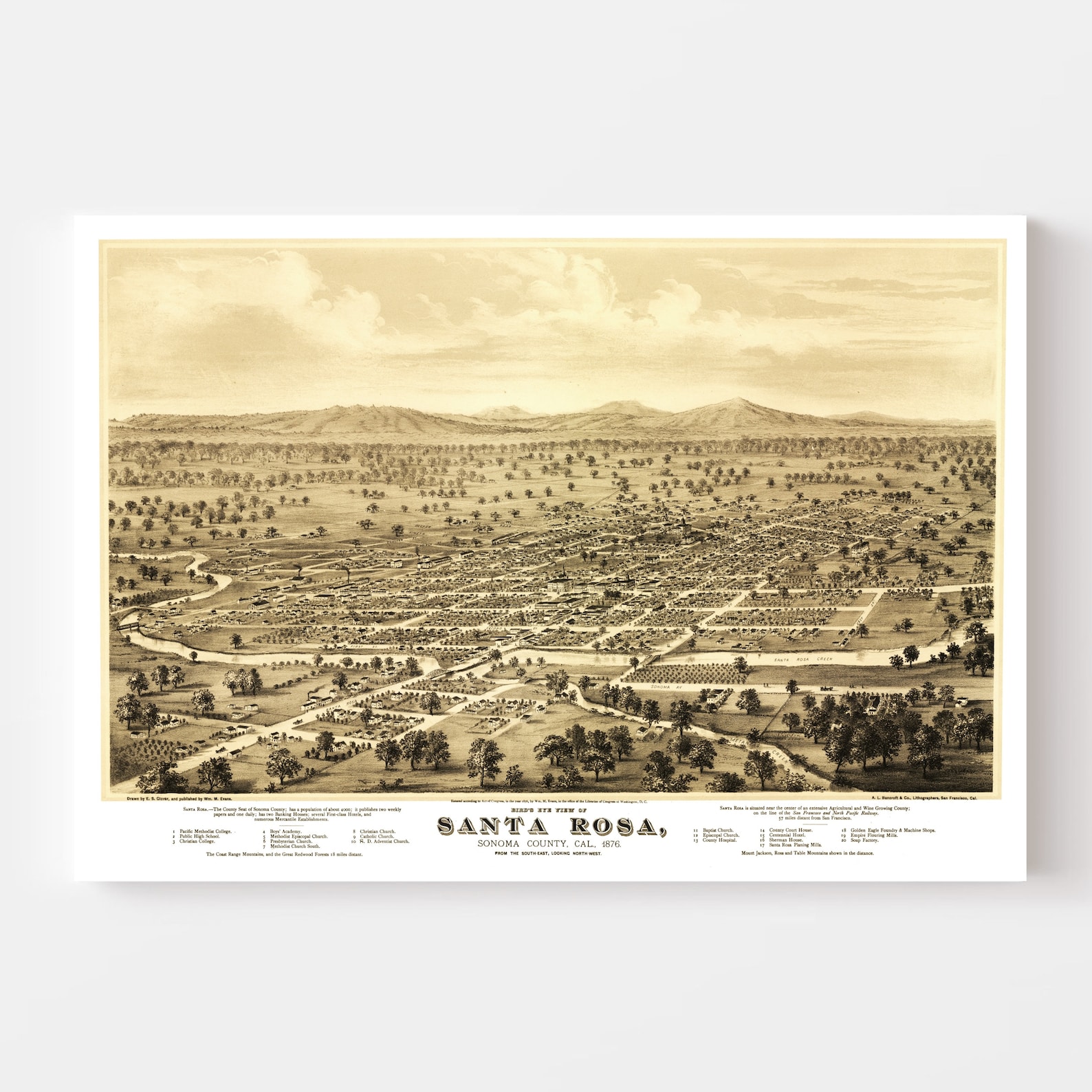 Santa Rosa Map 1876 Old Map of Santa Rosa California Art - Etsy