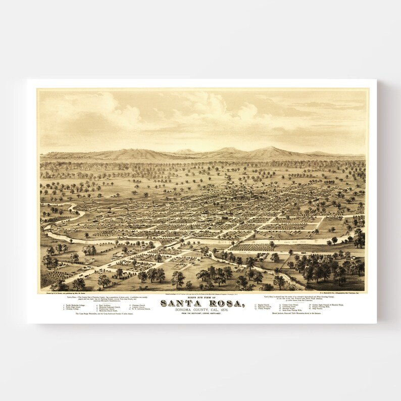 Santa Rosa Map 1876 Old Map of Santa Rosa California Art - Etsy