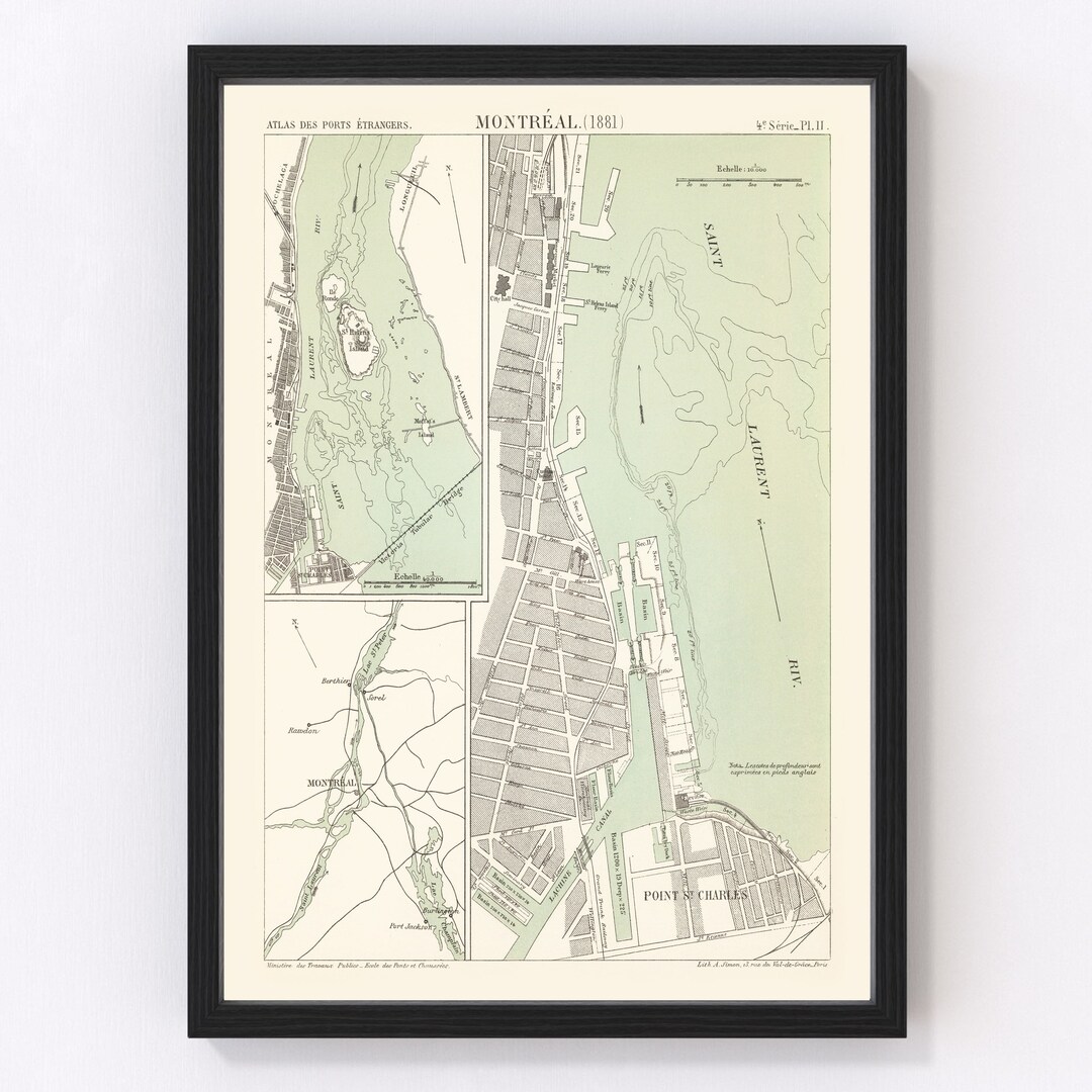 Montréal Map 1881 - Old Map of Montréal Canada Art Vintage Print Framed ...