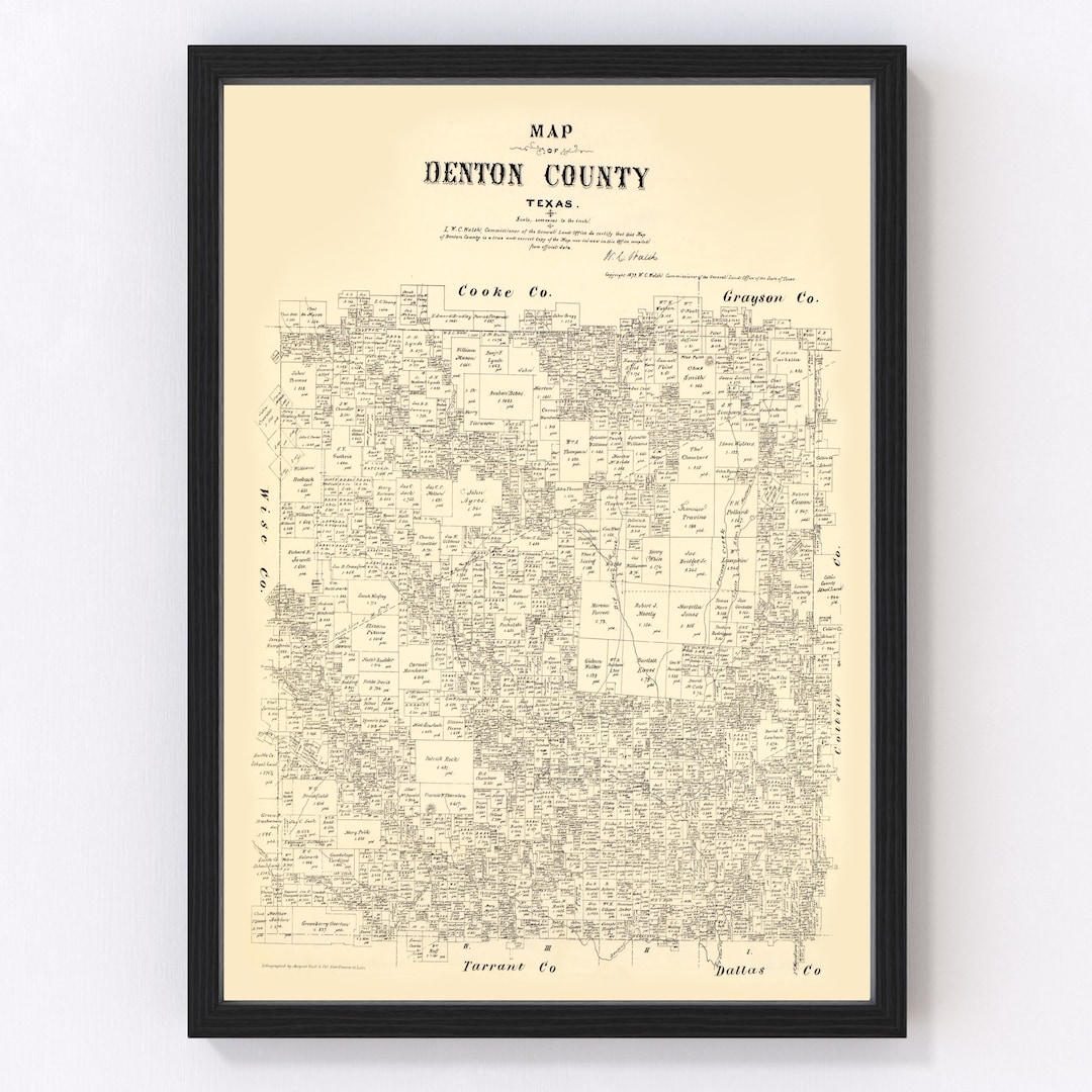 Denton County Texas Map 1879 Old Map of Denton County Texas Art Vintage ...