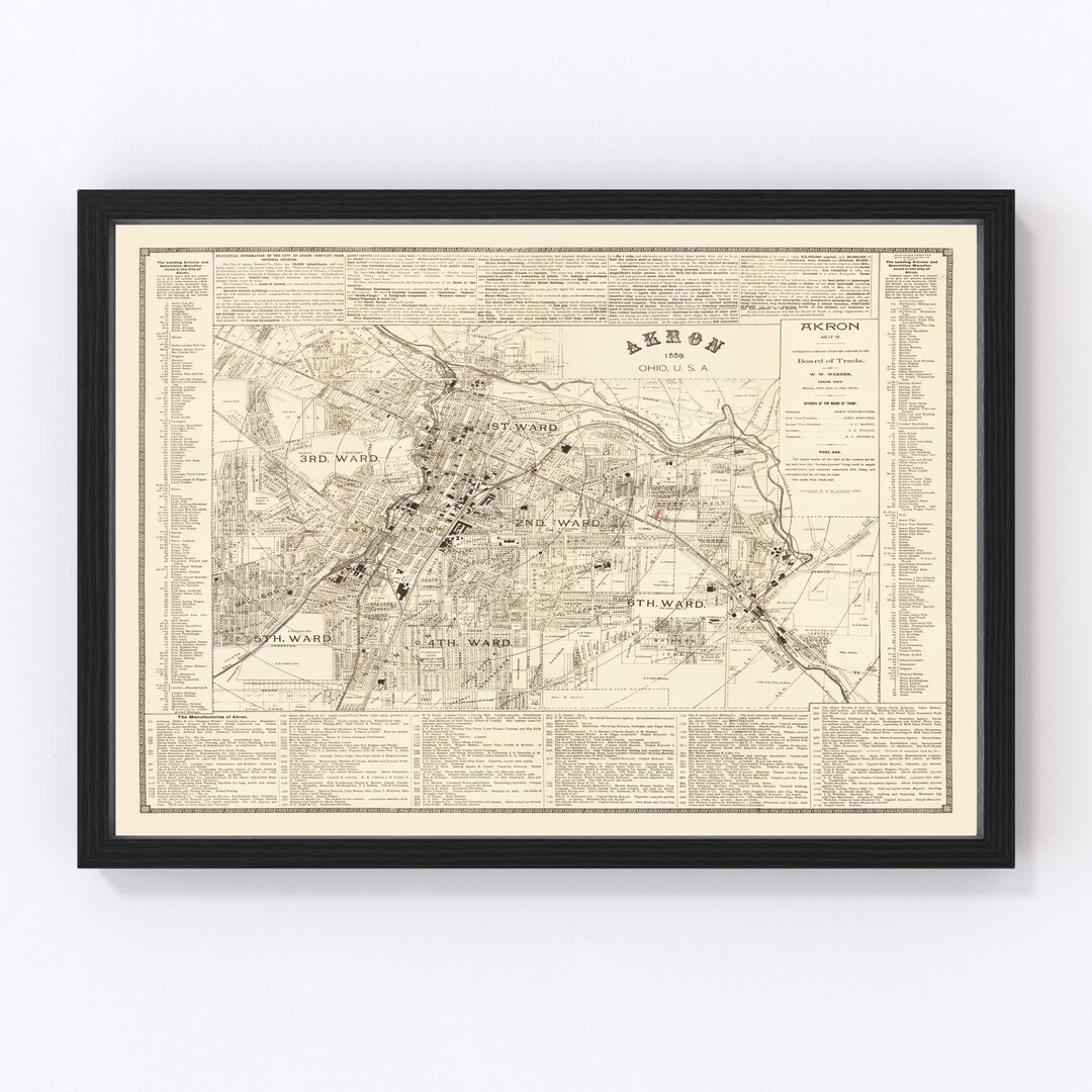 Akron Map 1889 - Old Map of Akron Ohio Art Vintage Print Framed Canvas ...