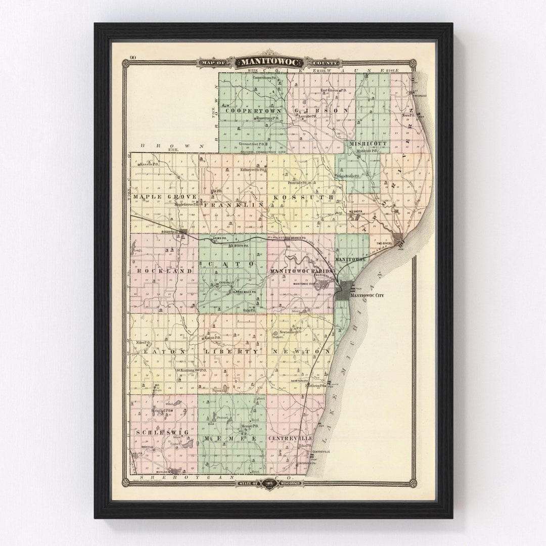 Manitowoc County WI Map 1878 Old Map of Manitowoc Wisconsin Art Vintage ...