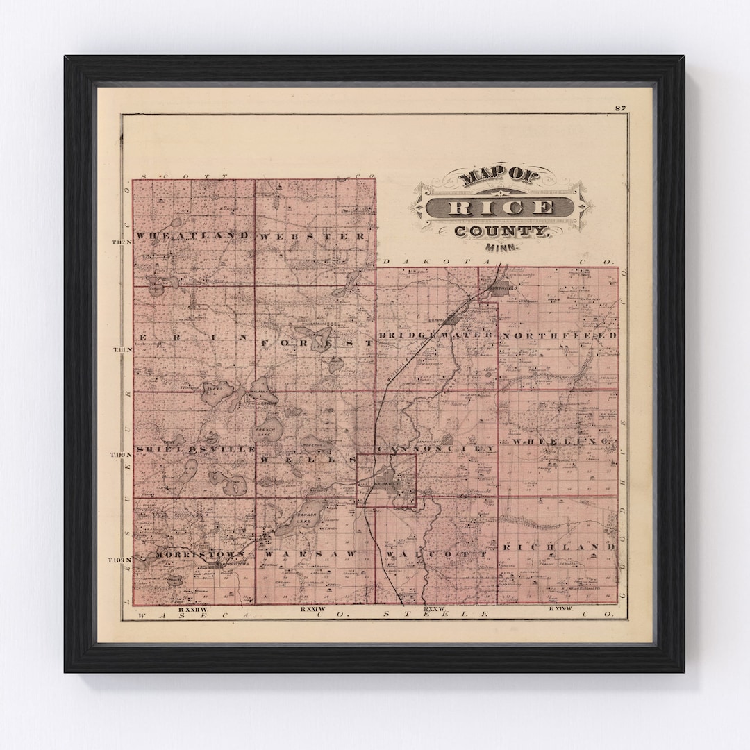 Rice County Map 1874, Vintage Rice County Map, Old Rice County ...