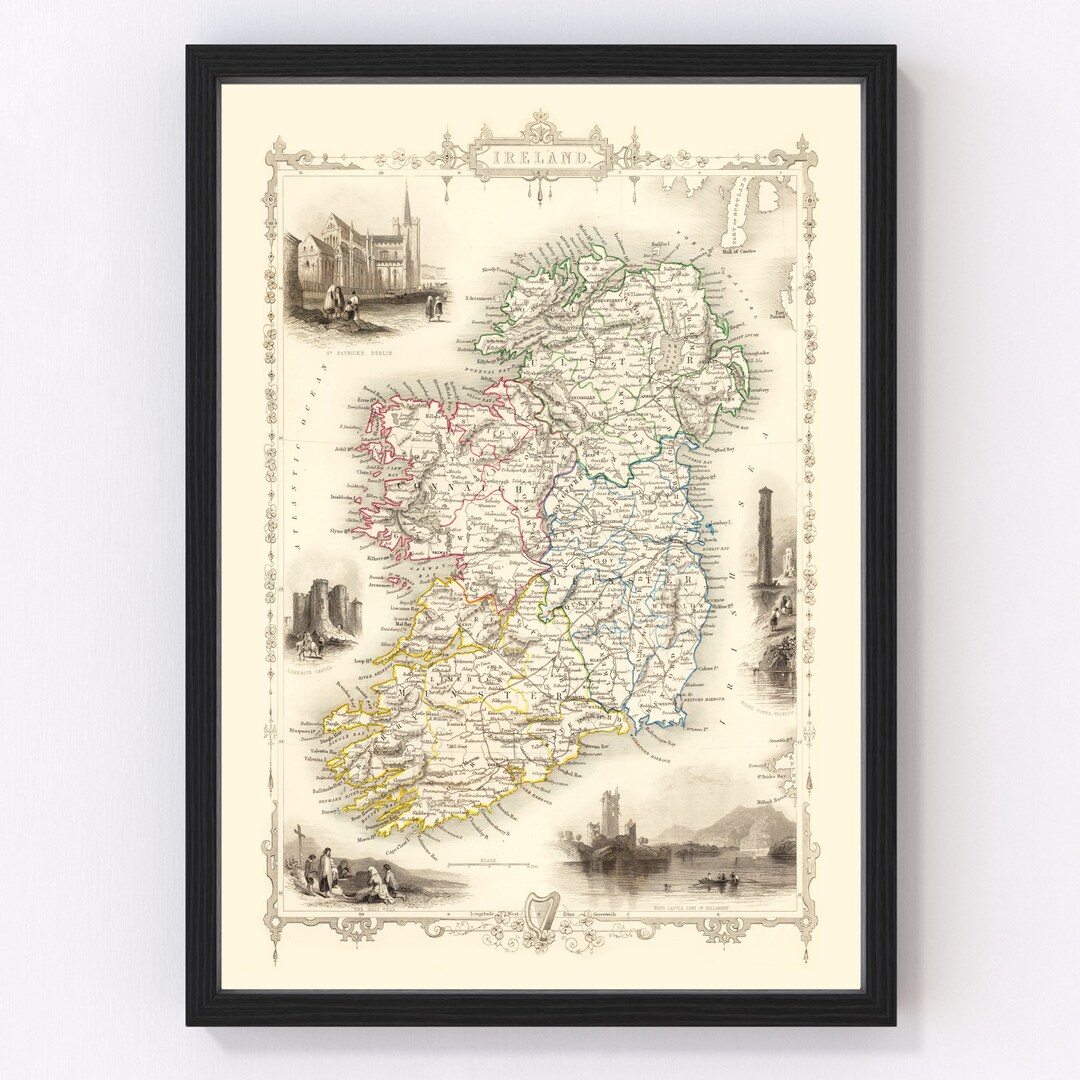 Ireland Map Art - Vintage Print From 1851 - Old Ireland Art - Framed or ...