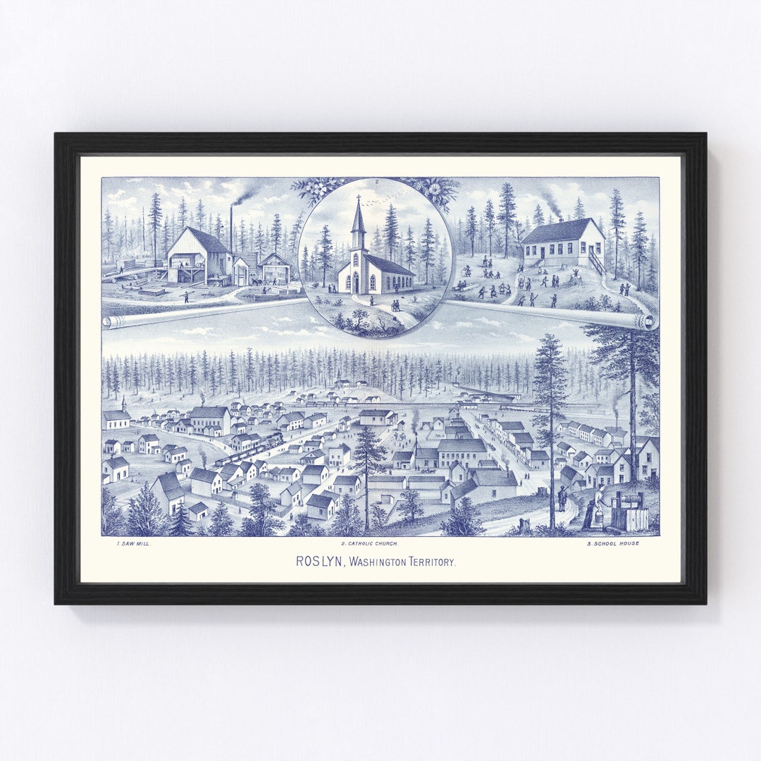Roslyn Map 1889 Old Map of Roslyn Washington Art Vintage Print Framed ...