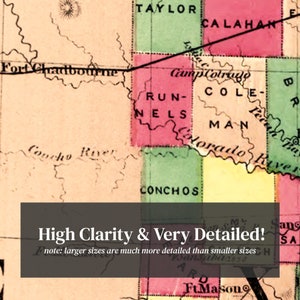 Texas Map 1874 Old Map of Texas Art Vintage Print Framed Wall Art ...