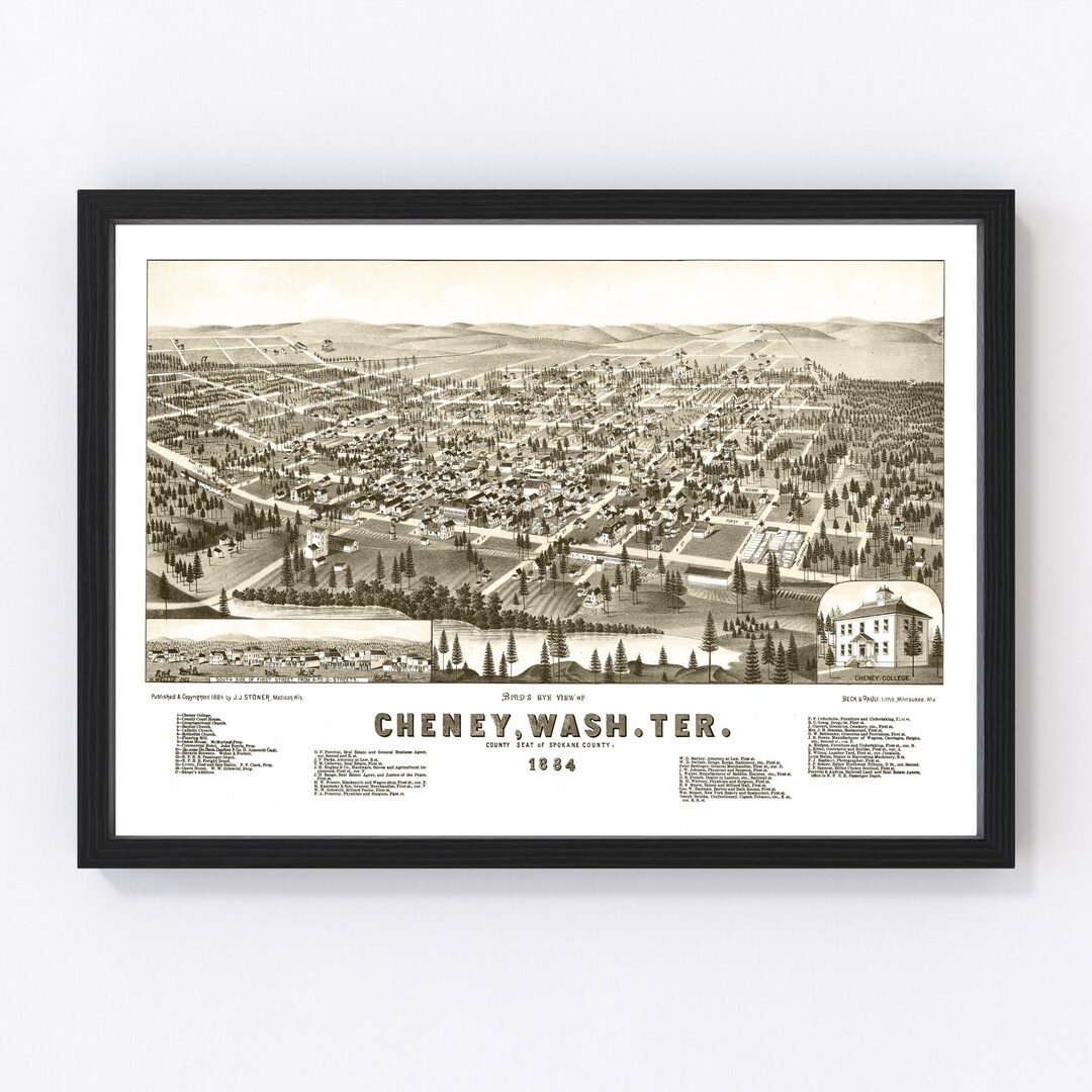 Cheney Map 1884 - Old Map of Cheney Washington Art Vintage Print Framed ...