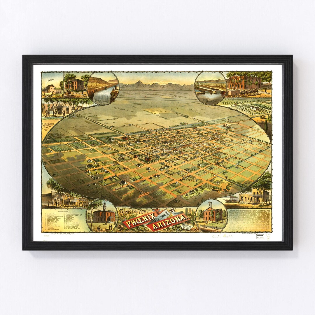 Phoenix Map 1885 - Old Map of Phoenix Arizona Art Vintage Print Framed ...
