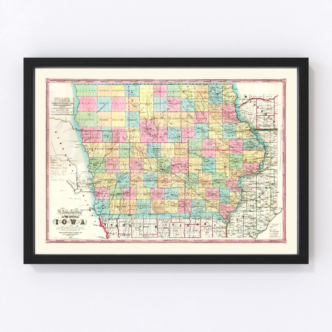 Iowa Map 1855 Old Map of Iowa Art Vintage Print Framed Wall - Etsy