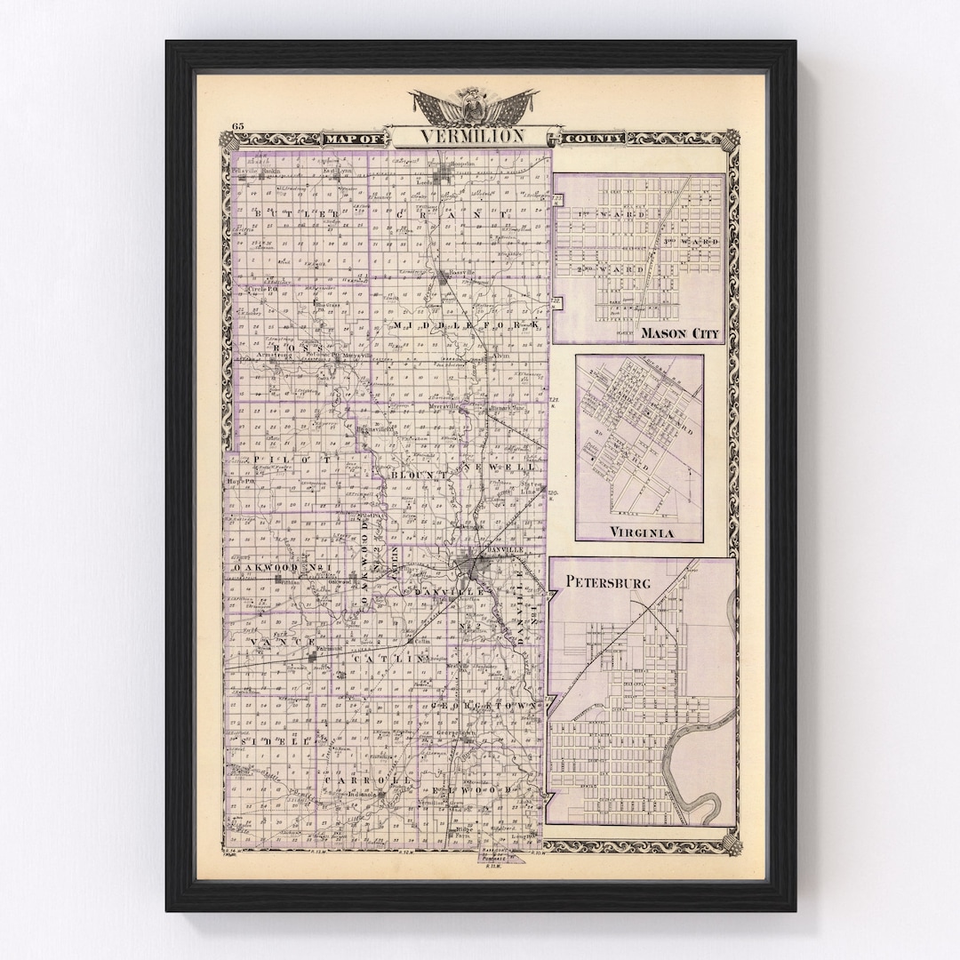 Vermilion County Map 1876, Vintage Vermilion County Map, Old Vermilion ...