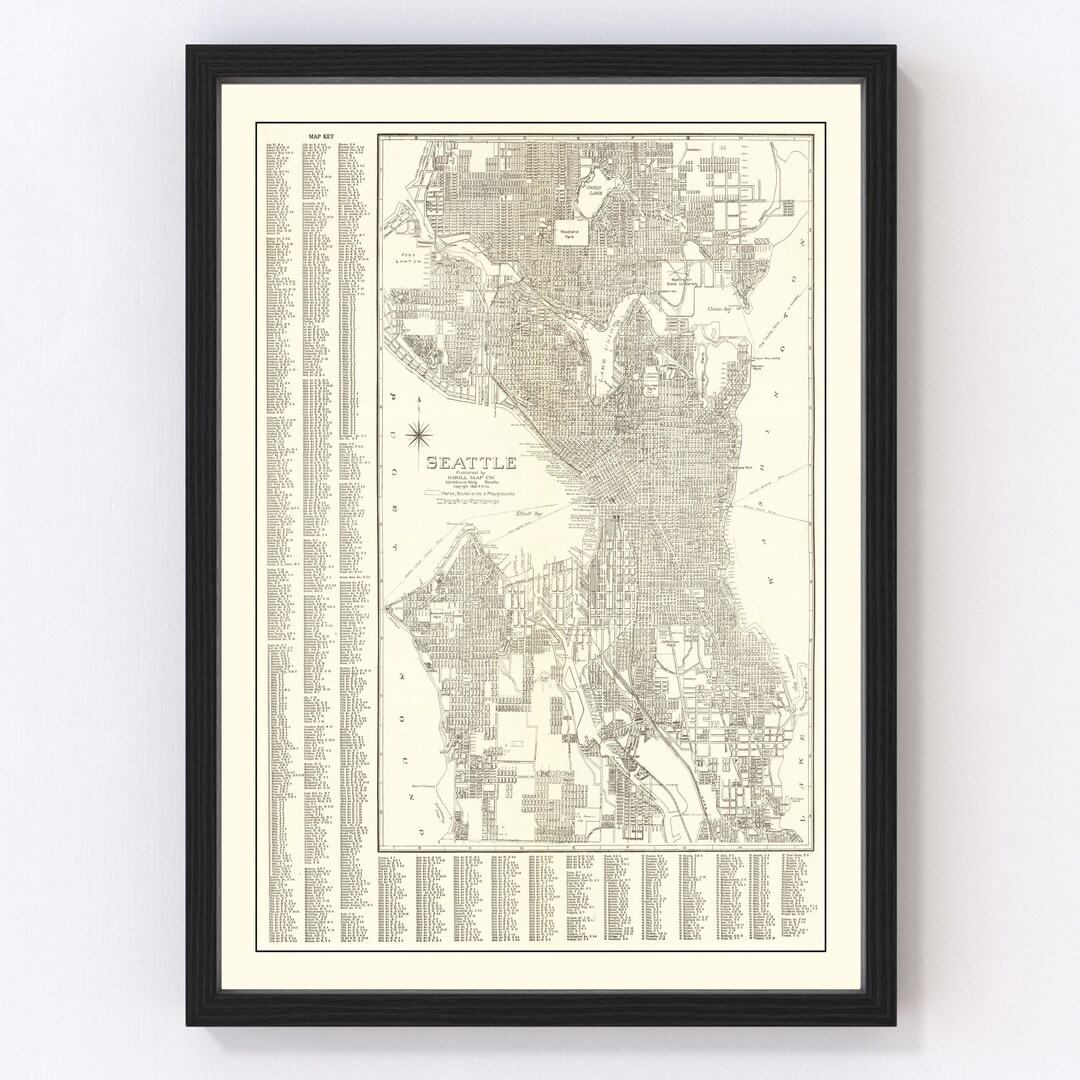 Seattle Map 1920 Old Map of Seattle Washington Art Vintage Print Framed ...