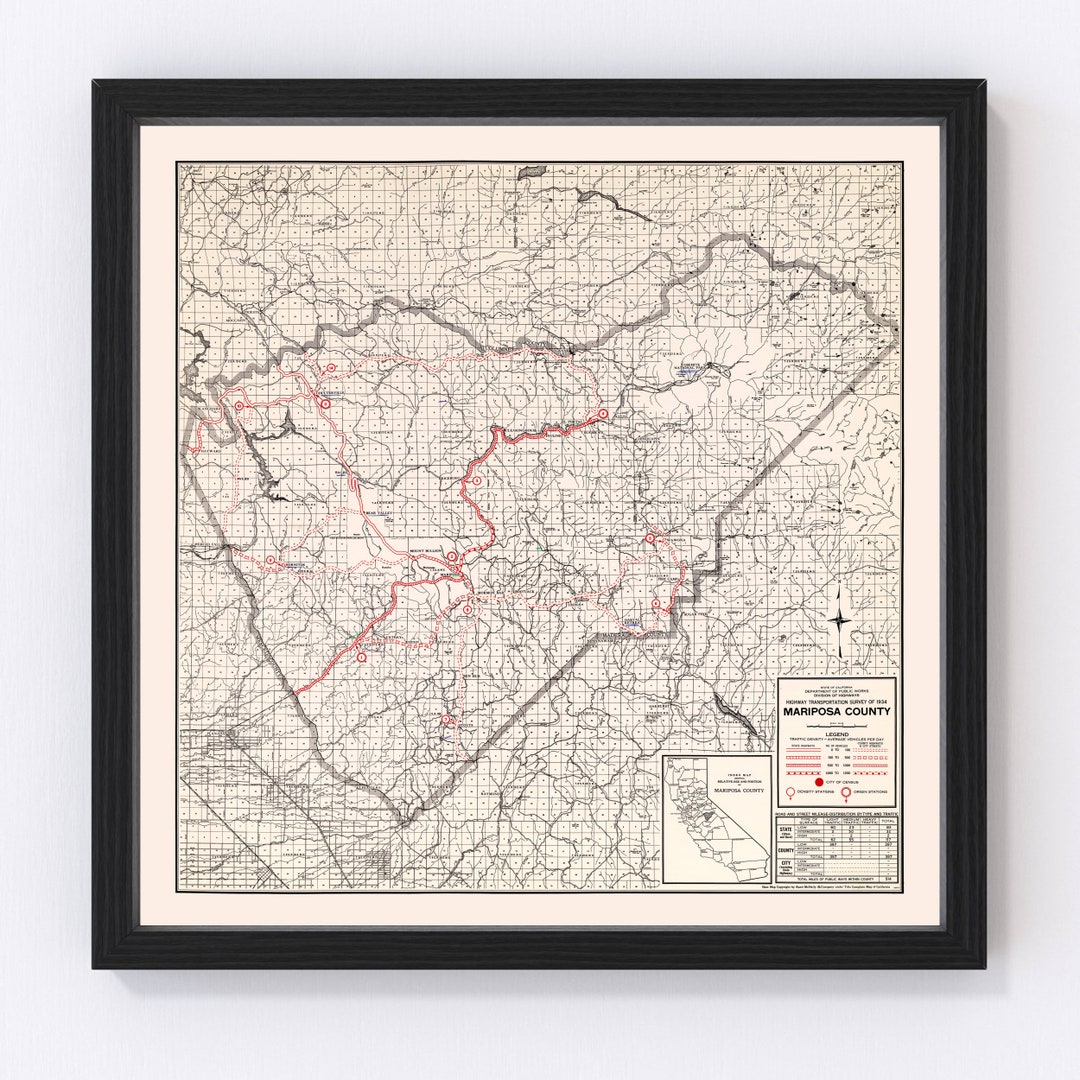 Mariposa County CA Map 1935 Old Map of California Art Vintage Print ...