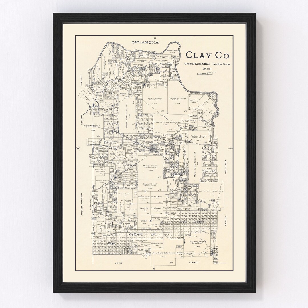 Clay County TX Map 1924 Old Map of Texas Art Vintage Print Framed ...