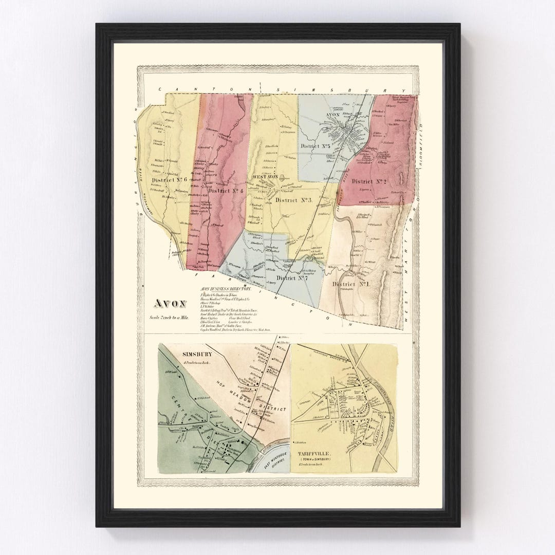 Avon Map 1869, Vintage Avon Map, Old Avon Connecticut Art, Wall Art ...
