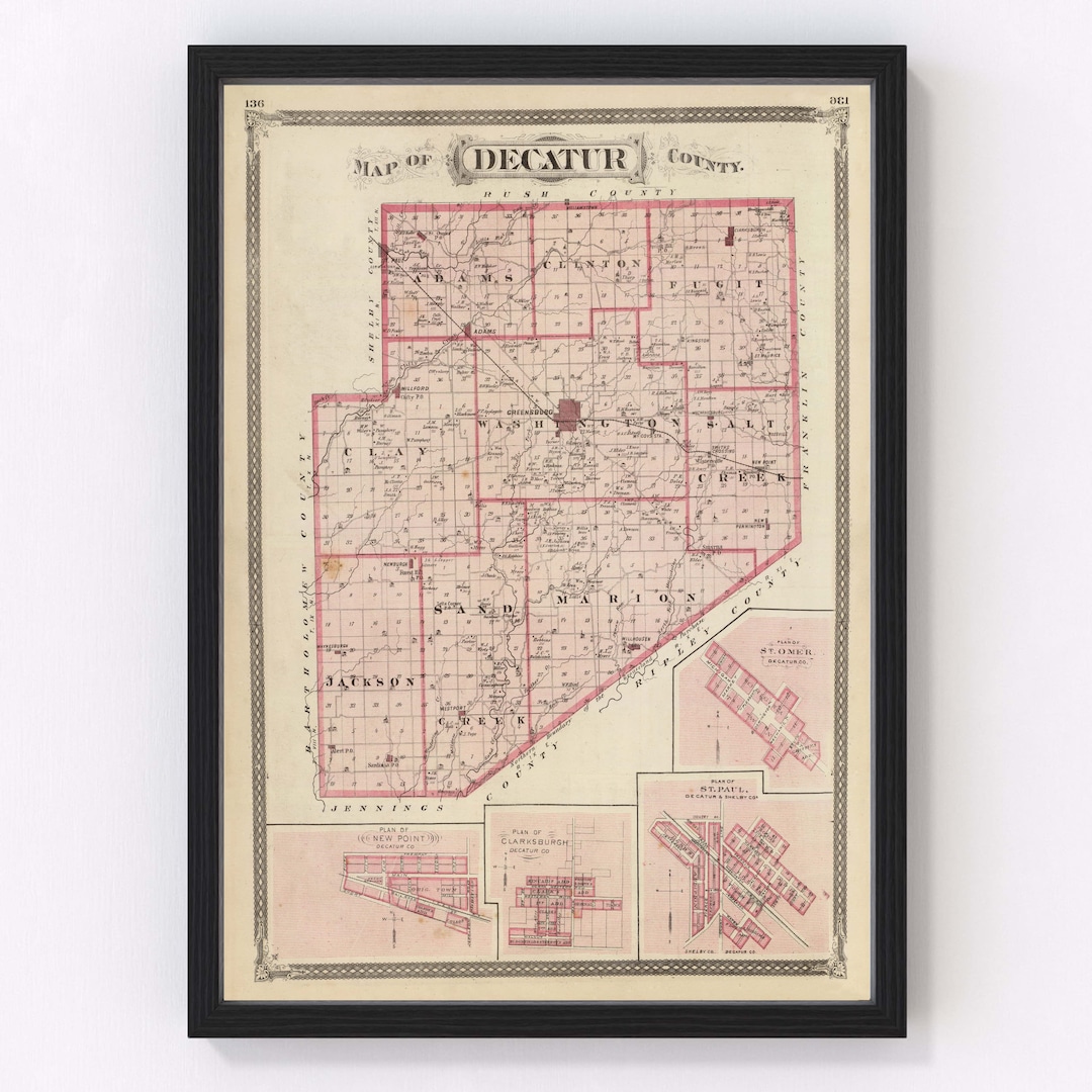 Decatur County IN Map 1876 Old Map of Greensburg Indiana Art Vintage ...