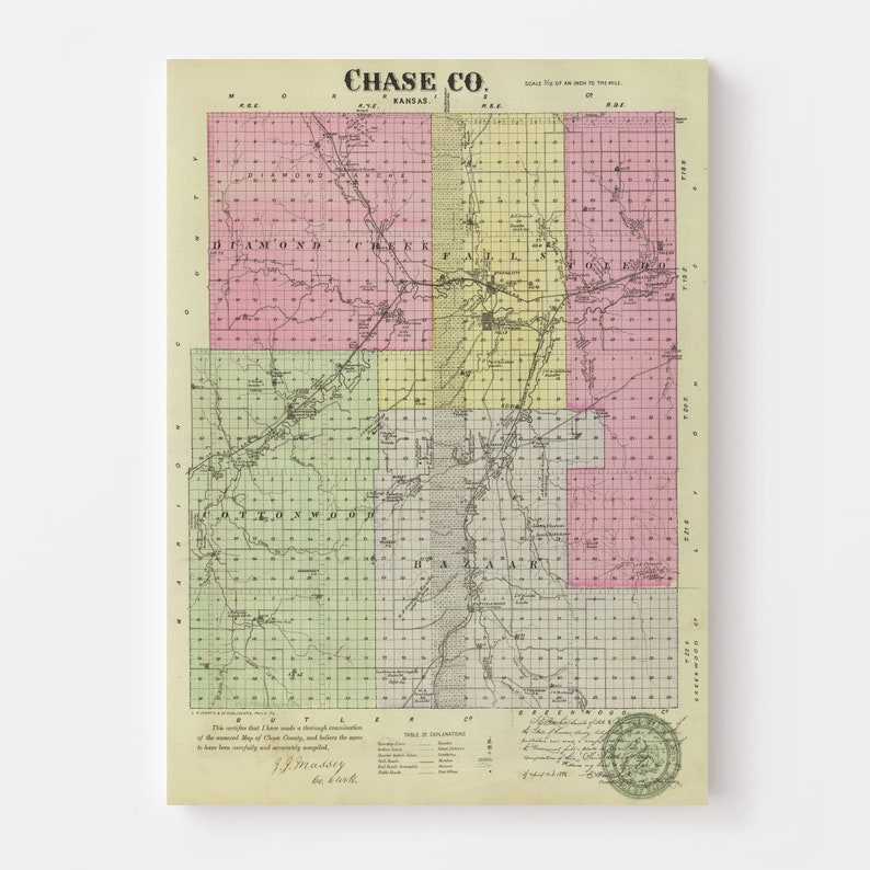 Chase County Map 1887, Vintage Chase County Map, Old Chase County ...
