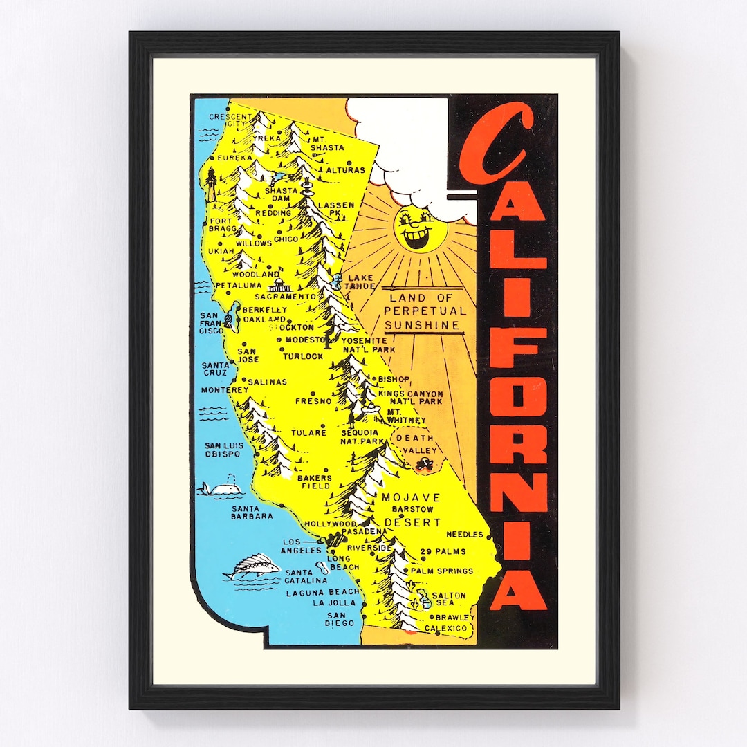 California Map 1950 Old Map of California Art Vintage Print Framed Wall ...