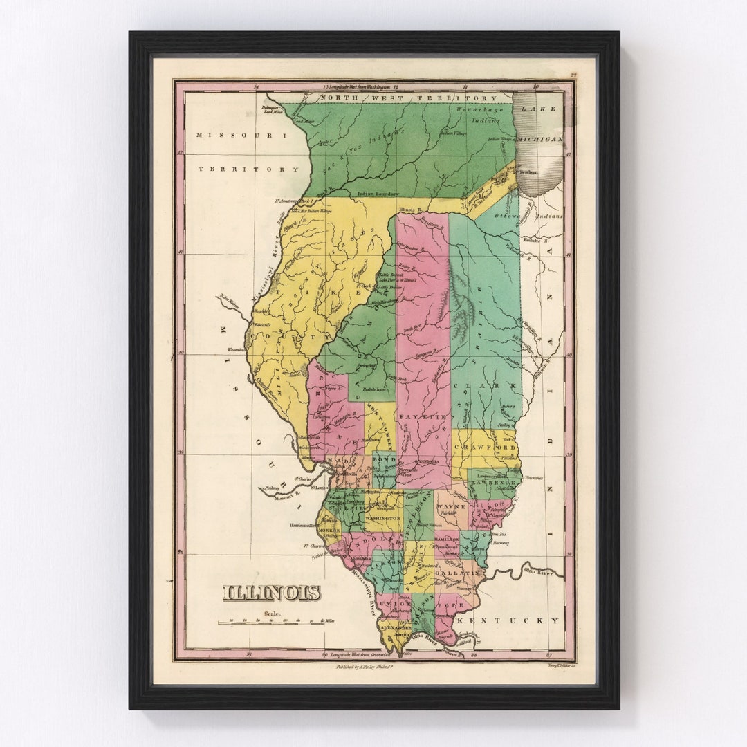 Illinois Map 1824, Vintage Illinois Map, Old Illinois Art, Wall Art ...