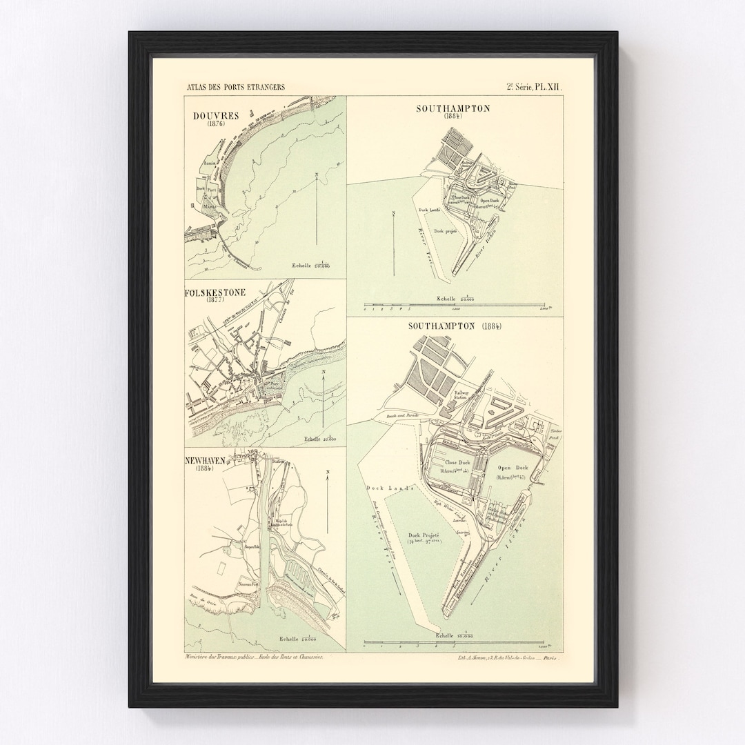 Dover Map 1884 Old Map of Dover England Art Vintage Print Framed Wall ...