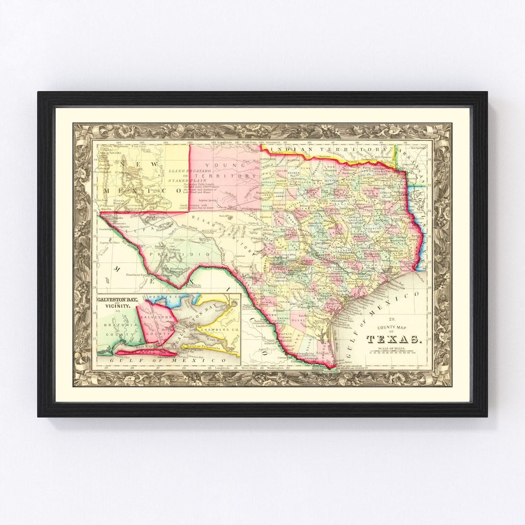 Texas Map 1860, Vintage Texas Map, Old Texas Art, Wall Art Gift for ...