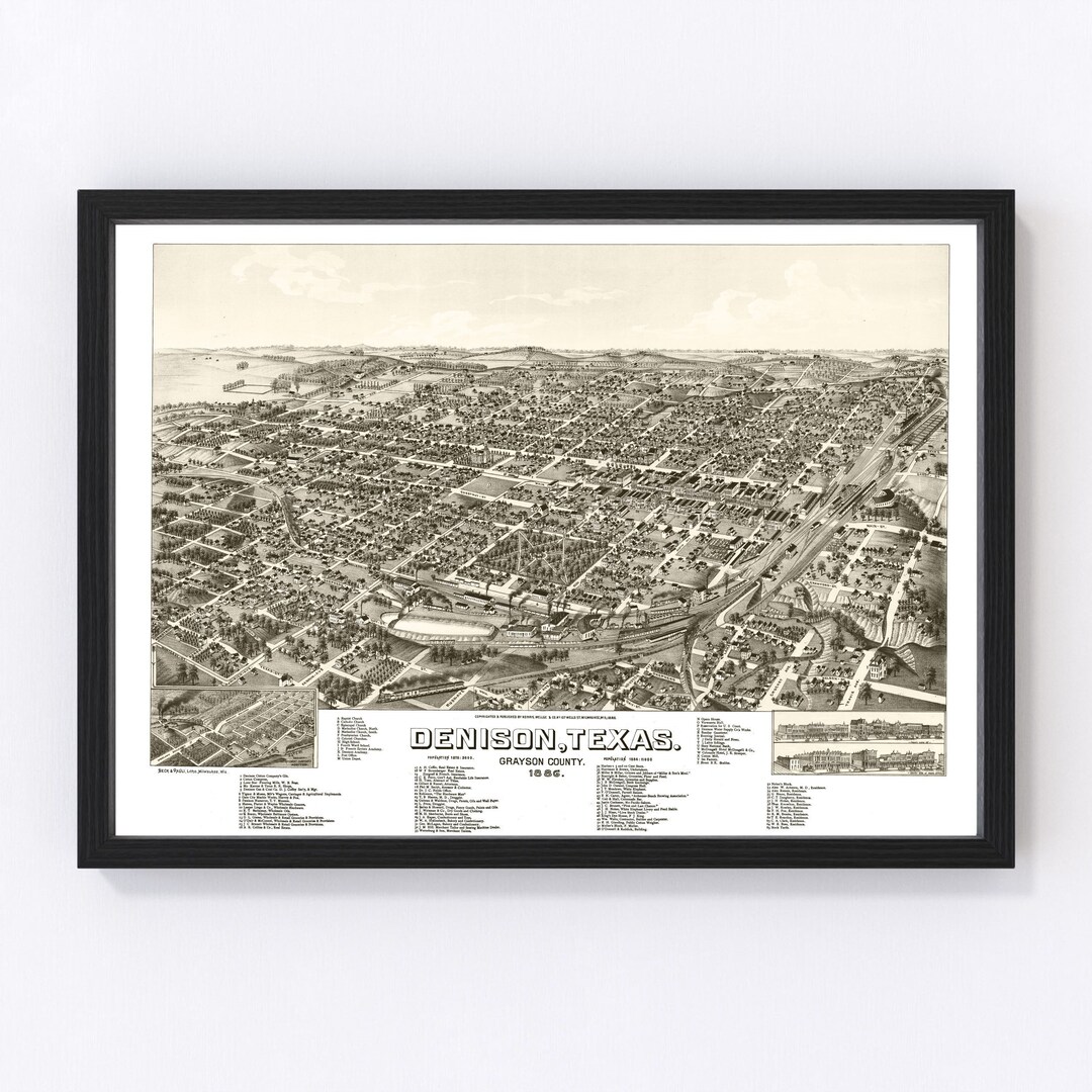 Denison Map 1886, Vintage Denison Map, Old Denison Texas Art, Wall Art ...