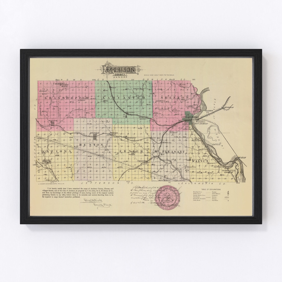 Atchison County KS Map 1887 Old Map of Atchison Kansas Art Vintage ...