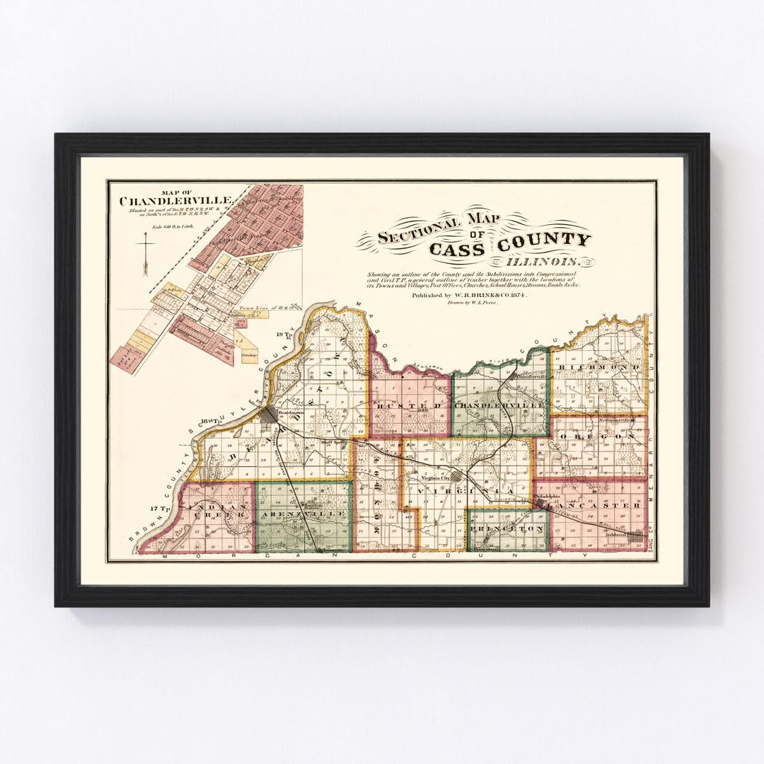Cass County Map 1874, Vintage Cass County Map, Old Cass County Illinois ...