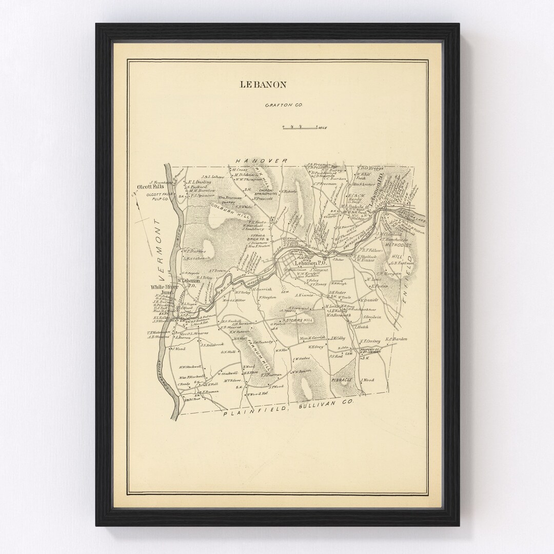 Lebanon Map 1892, Vintage Lebanon Map, Old Lebanon New Hampshire Art ...