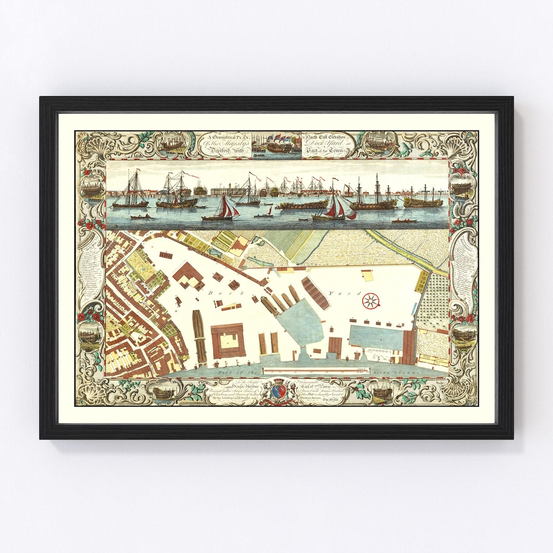 Dockyard at Deptford Map 1753, Vintage Dockyard at Deptford Map, Old ...