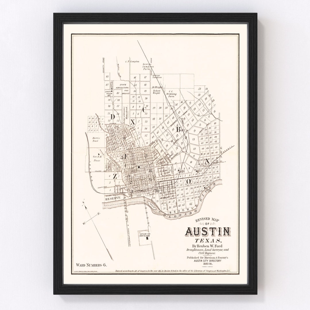 Austin Map 1885, Vintage Austin Map, Old Austin Texas Art, Wall Art ...