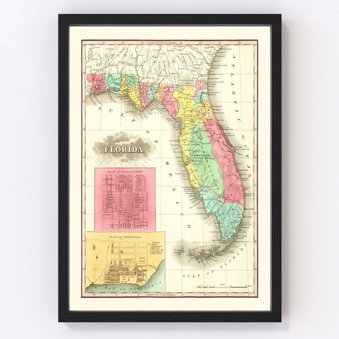 Florida Map 1831, Vintage Florida Map, Old Florida Art, Wall Art Gift ...