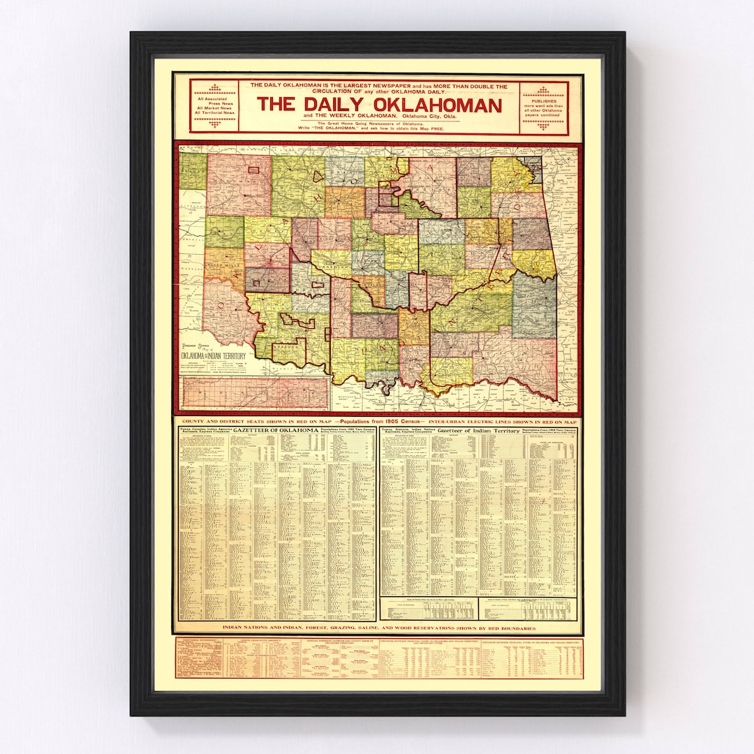 Oklahoma Map 1905 - Old Map of Oklahoma Art Vintage Print Framed Wall ...