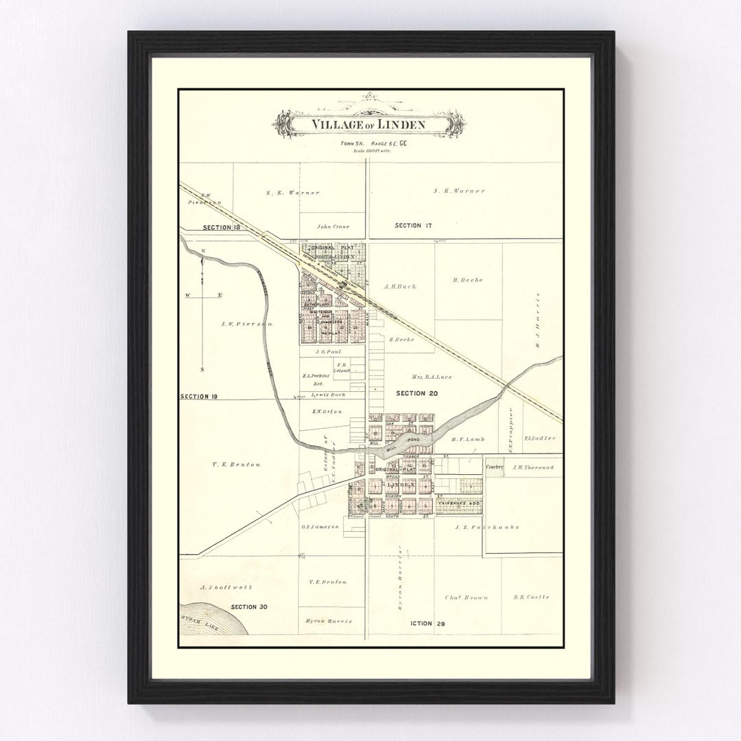 Linden Map 1889, Vintage Linden Map, Old Linden Michigan Art, Wall Art ...