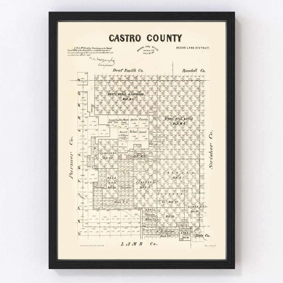 Castro County Map 1891, Vintage Castro County Map, Old Castro County ...