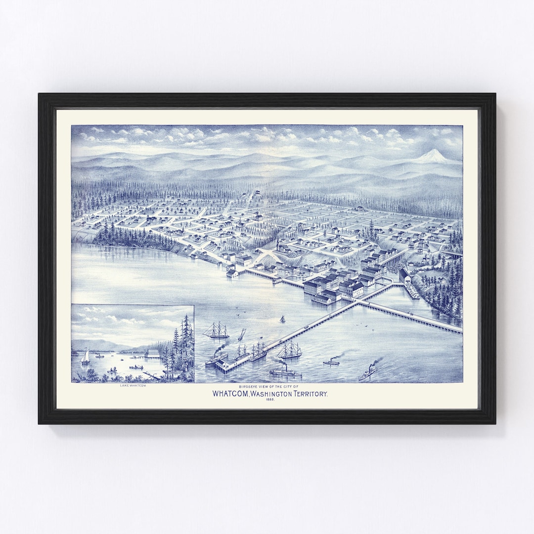 Whatcom Map 1889 Old Map Of Whatcom Washington Art Vintage Print Framed