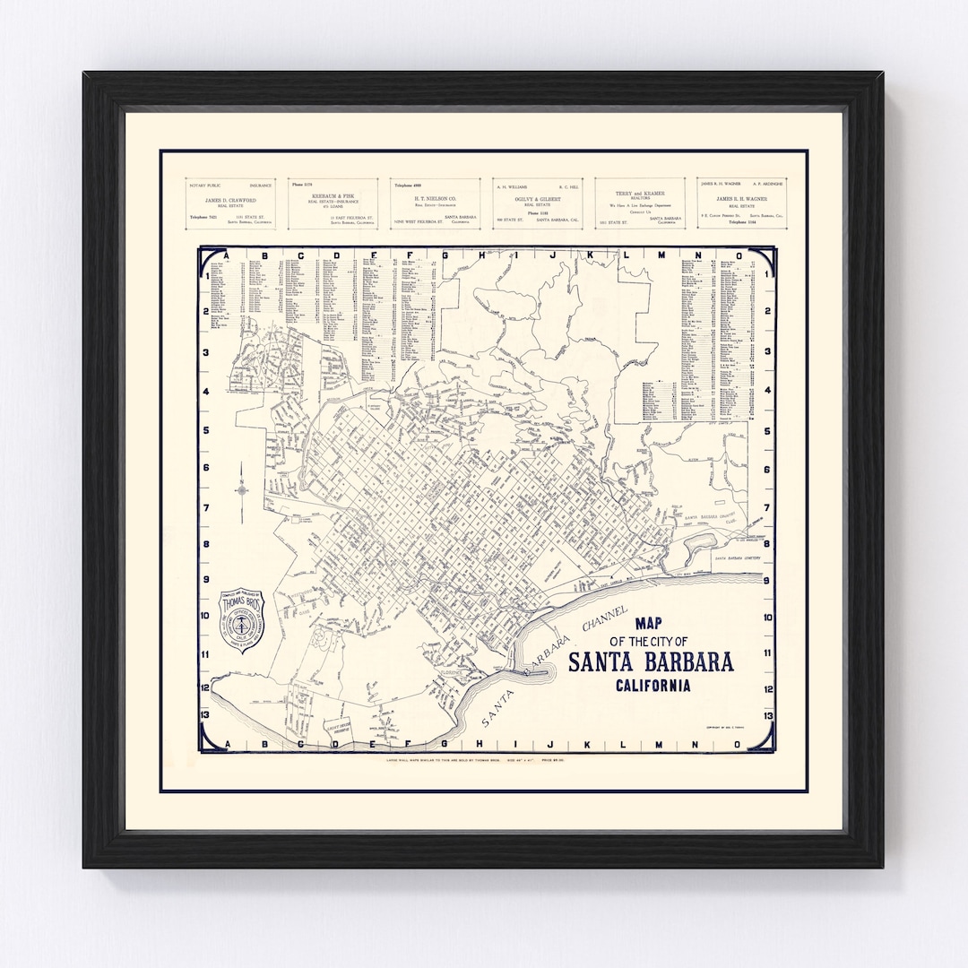 Santa Barbara Map 1920 Old Map of Santa Barbara California Art Vintage ...