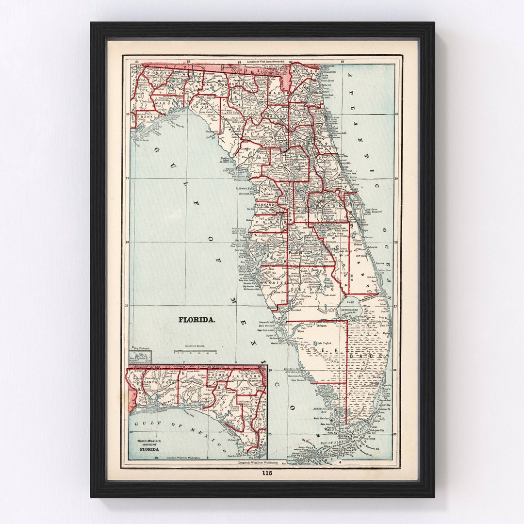 Florida Map 1893, Vintage Florida Map, Old Florida Art, Wall Art Gift ...