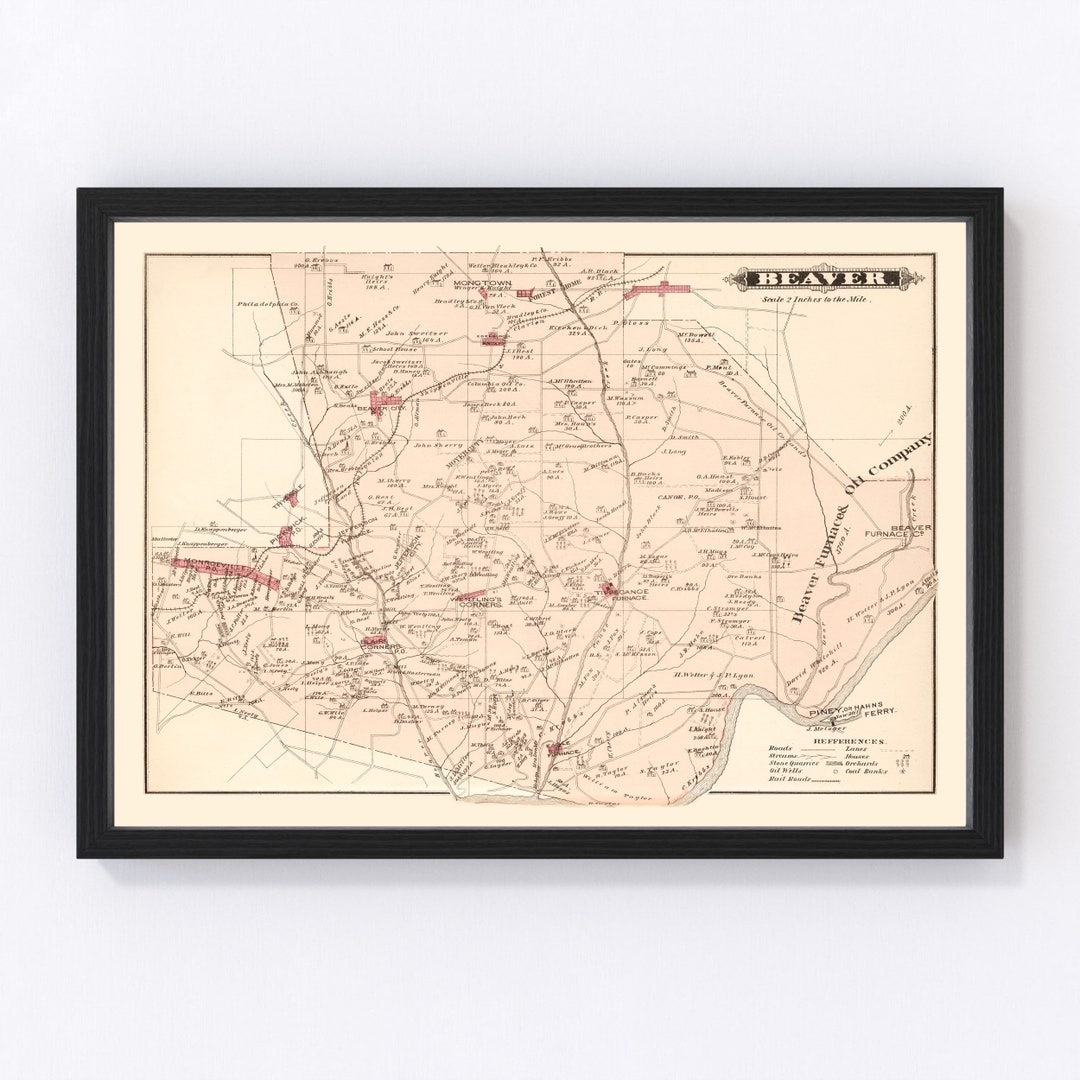 Beaver Map 1877, Vintage Beaver Map, Old Beaver Pennsylvania Art, Wall ...