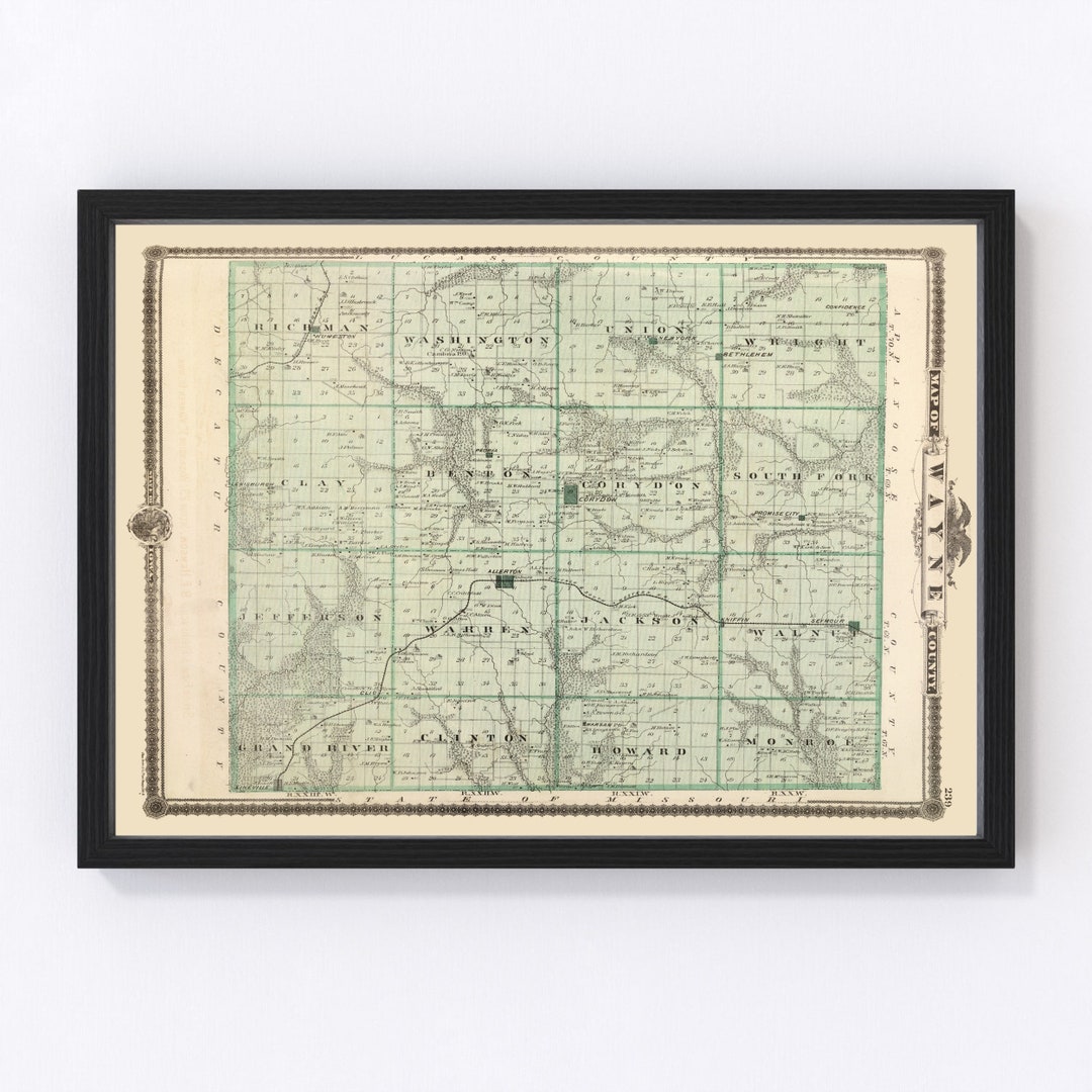 Wayne County IA Map 1875 Old Map of Corydon Iowa Art Vintage Print ...