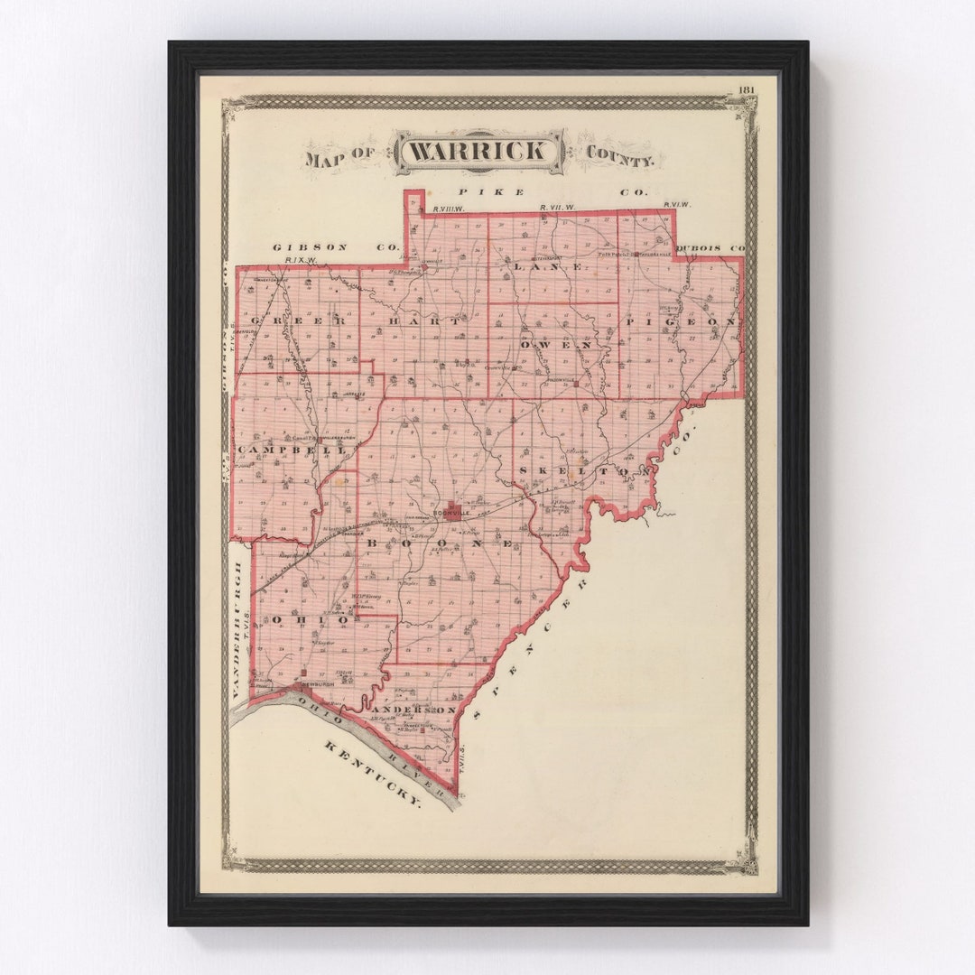 Warrick County Map 1876, Vintage Warrick County Map, Old Warrick County ...