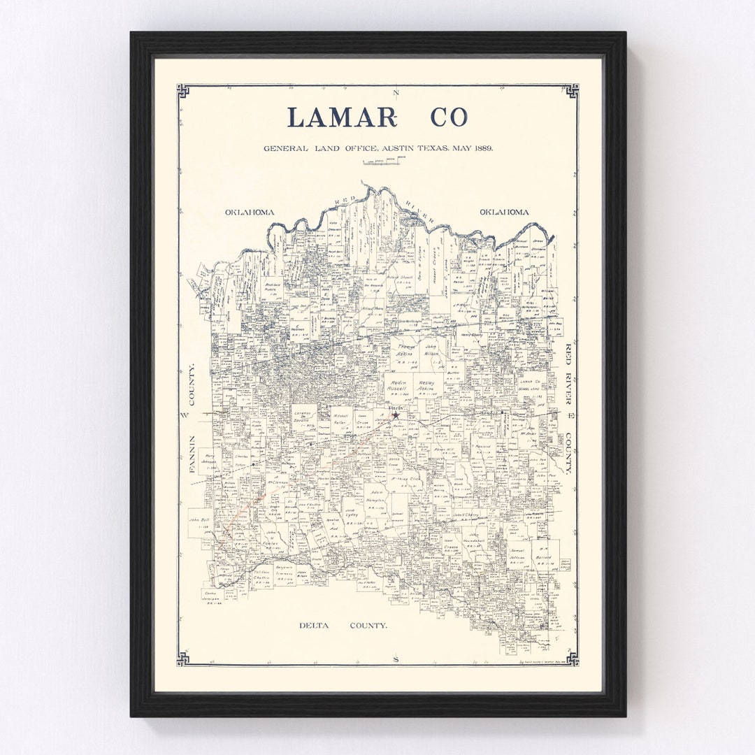 Lamar County TX Map 1889 Old Map of Texas Art Vintage Print Framed ...