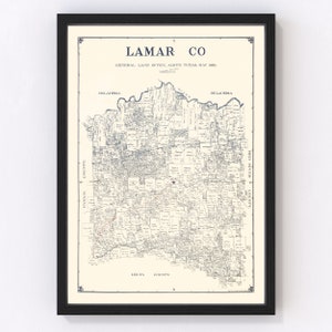 Lamar County TX Map 1889 Old Map of Texas Art Vintage Print Framed ...